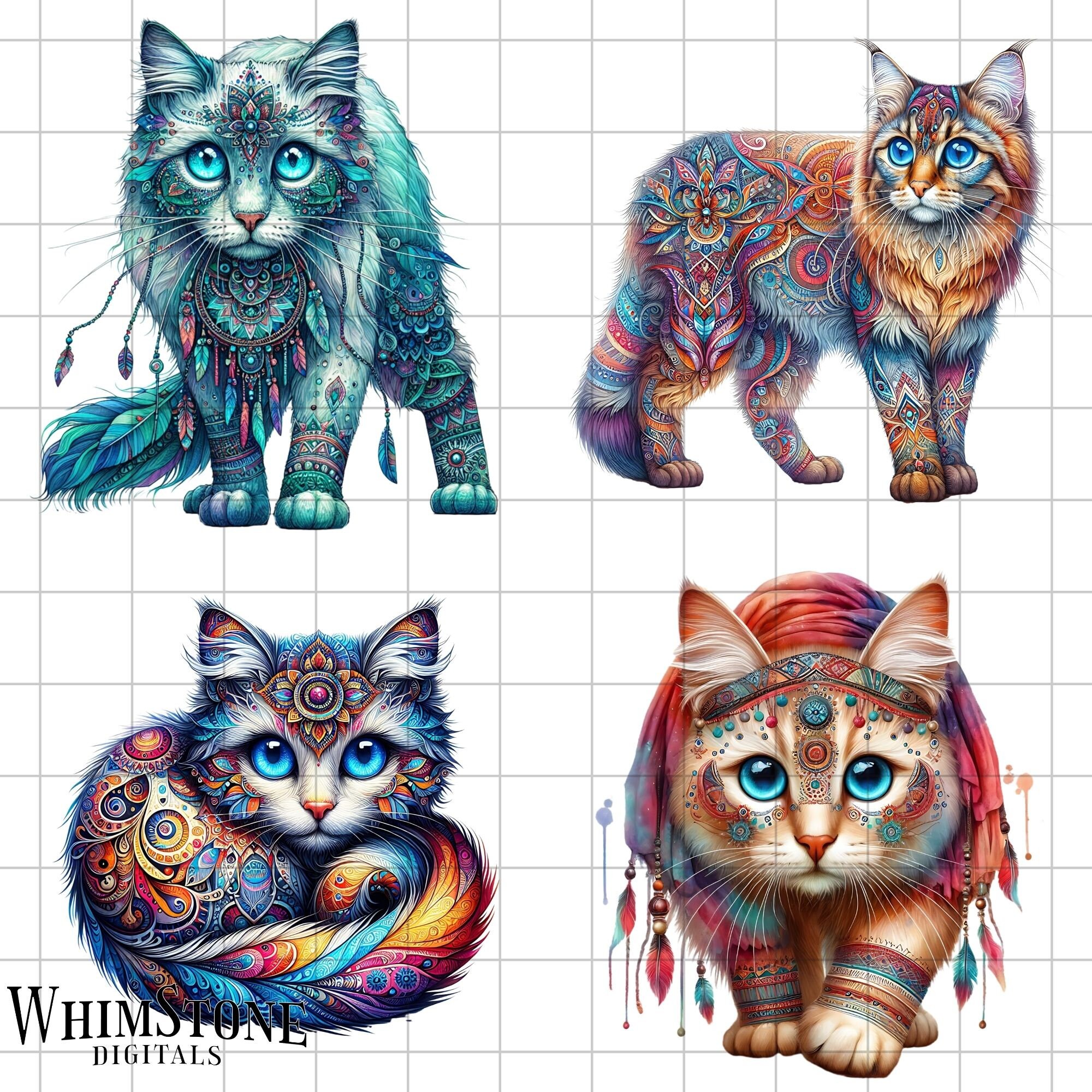 Watercolor Boho Cat Clipart Bundle, Colorful Cat PNG Bundle, Nursery ...
