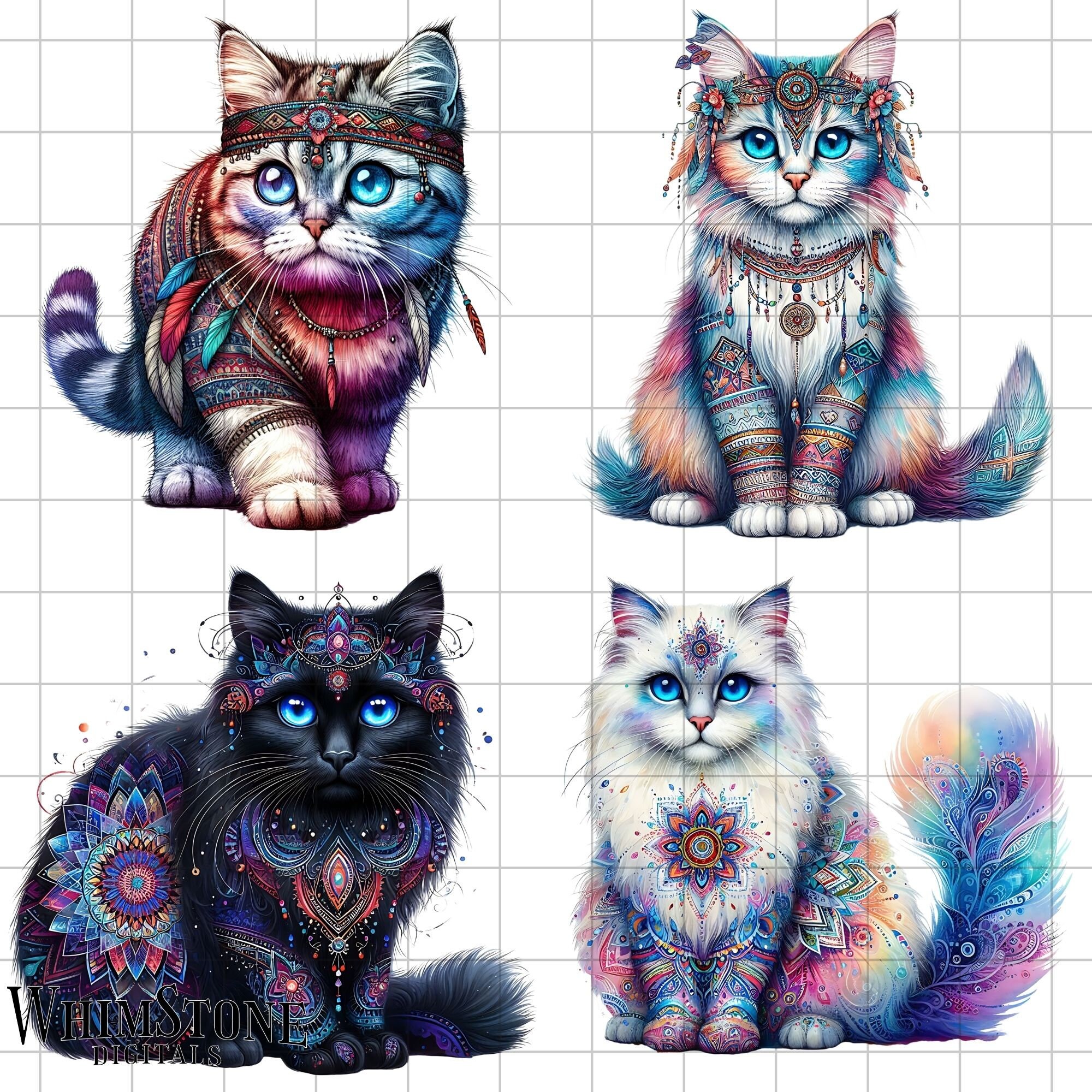 Watercolor Boho Cat Clipart Bundle, Colorful Cat PNG Bundle, Nursery ...