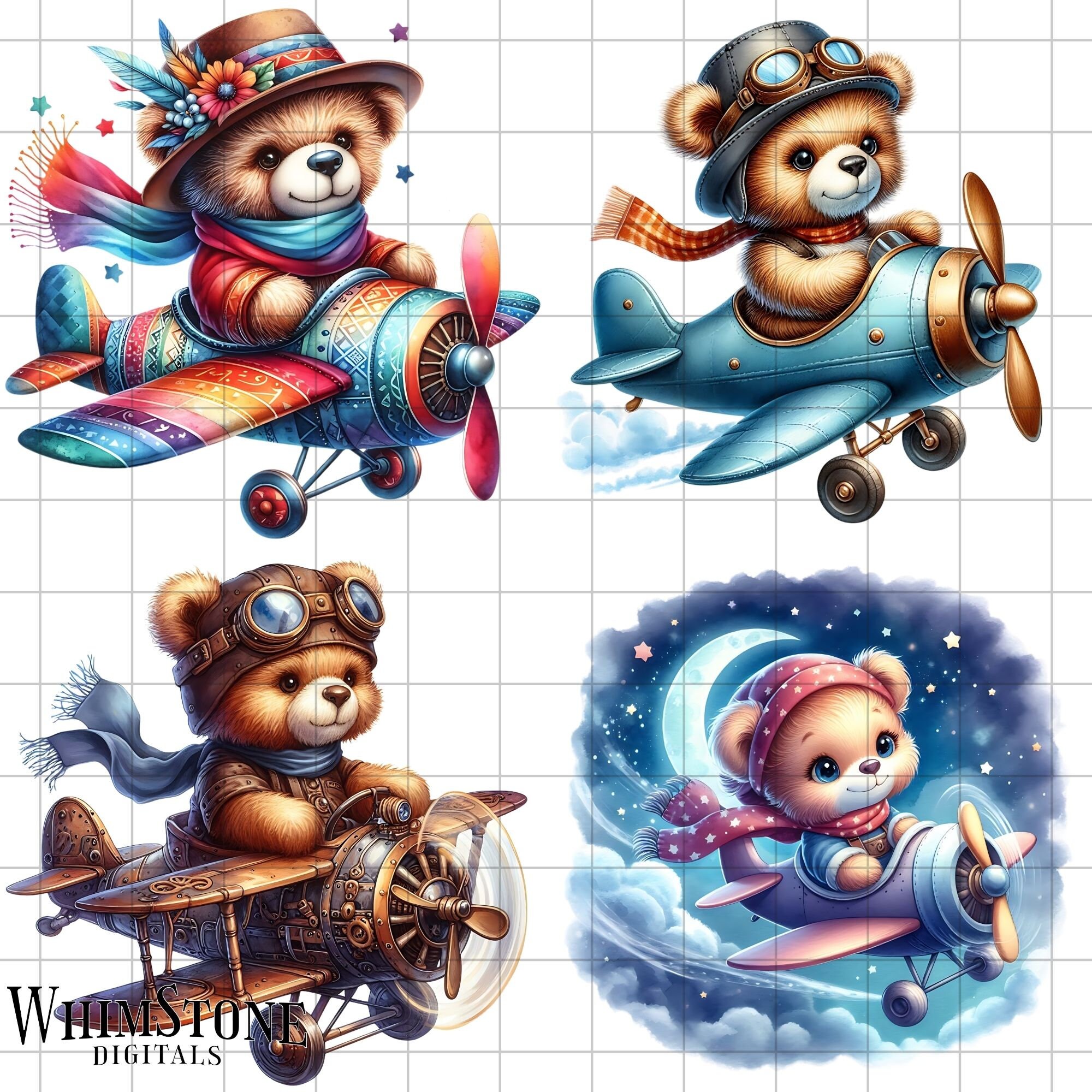 Watercolor Flying Teddy Bear Clipart Bundle, Teddy Bears in Planes ...