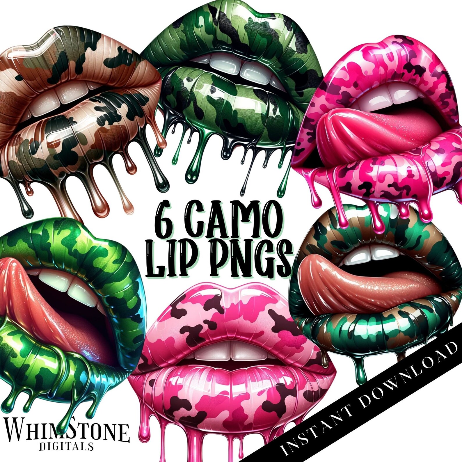 Camouflage Lips PNG Bundle, Camo Lips Clipart, Dtf Design, Licking Lips ...