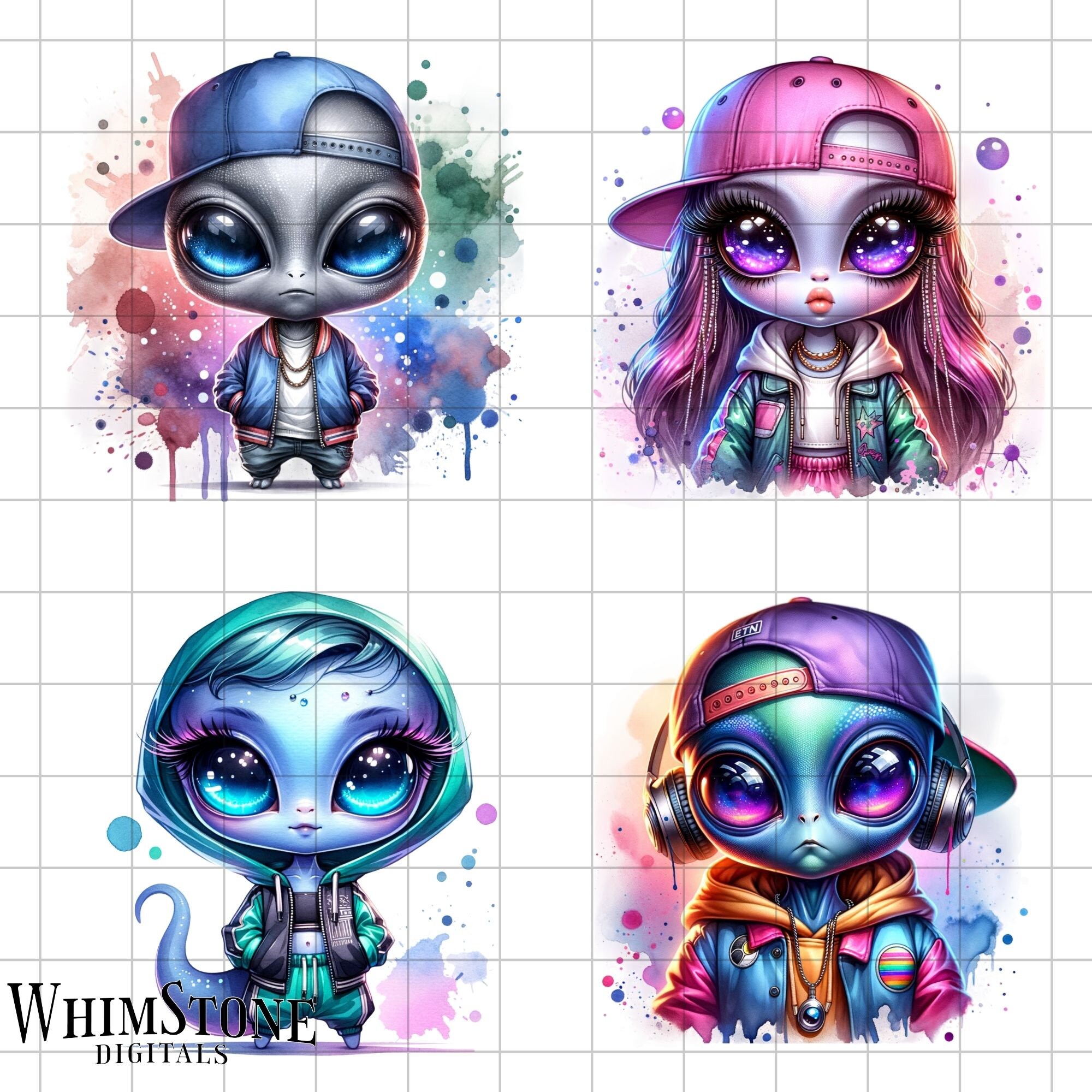 Watercolor Hip Hop Alien Clipart Bundle, Cool Alien PNG Bundle, Fun ...