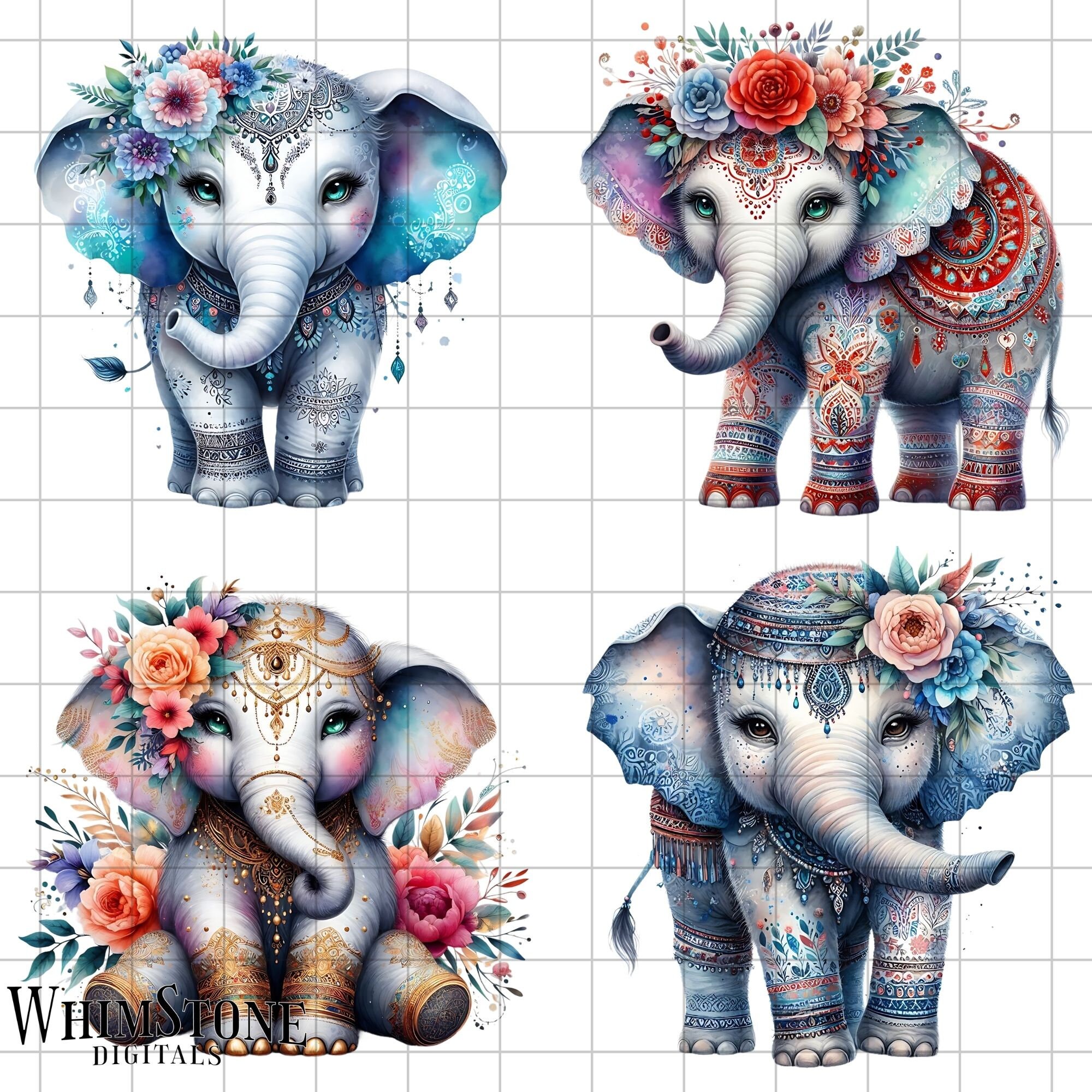 Watercolor Boho Baby Elephant Clipart Bundle, Floral Elephant PNG ...