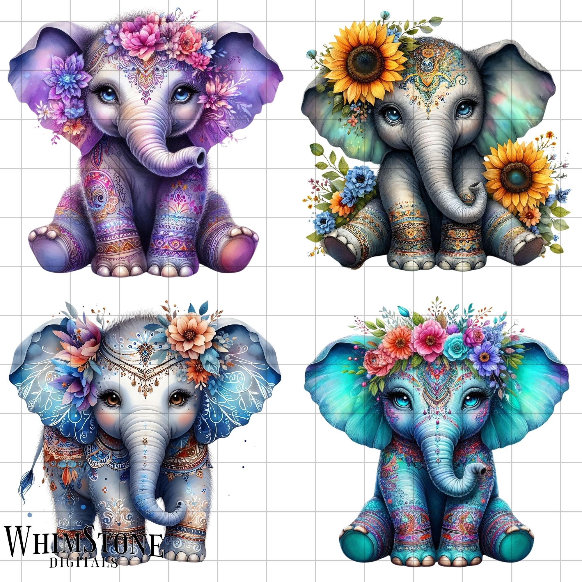 Watercolor Boho Baby Elephant Clipart Bundle, Floral Elephant PNG ...