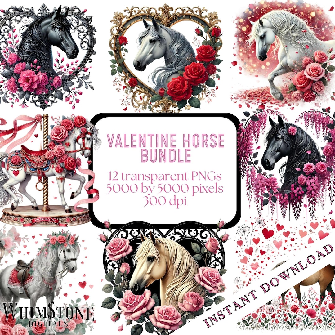 Valentine Horse Clipart Bundle, Floral Horse PNG Bundle, Valentines ...