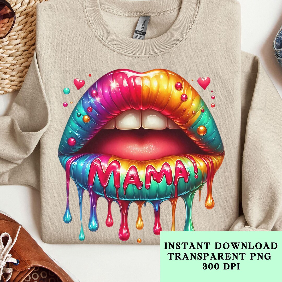Colorful Mama Lips PNG, Kiss Lips Dtf Design, Lips Clipart Dripping ...