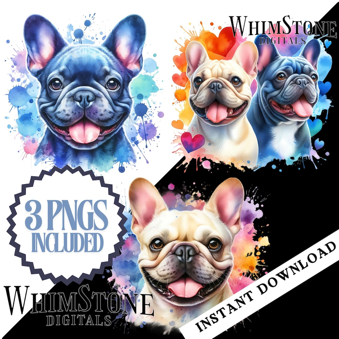 Watercolor French Bulldogs PNG, DTF Design Artistic Frenchies Clipart ...