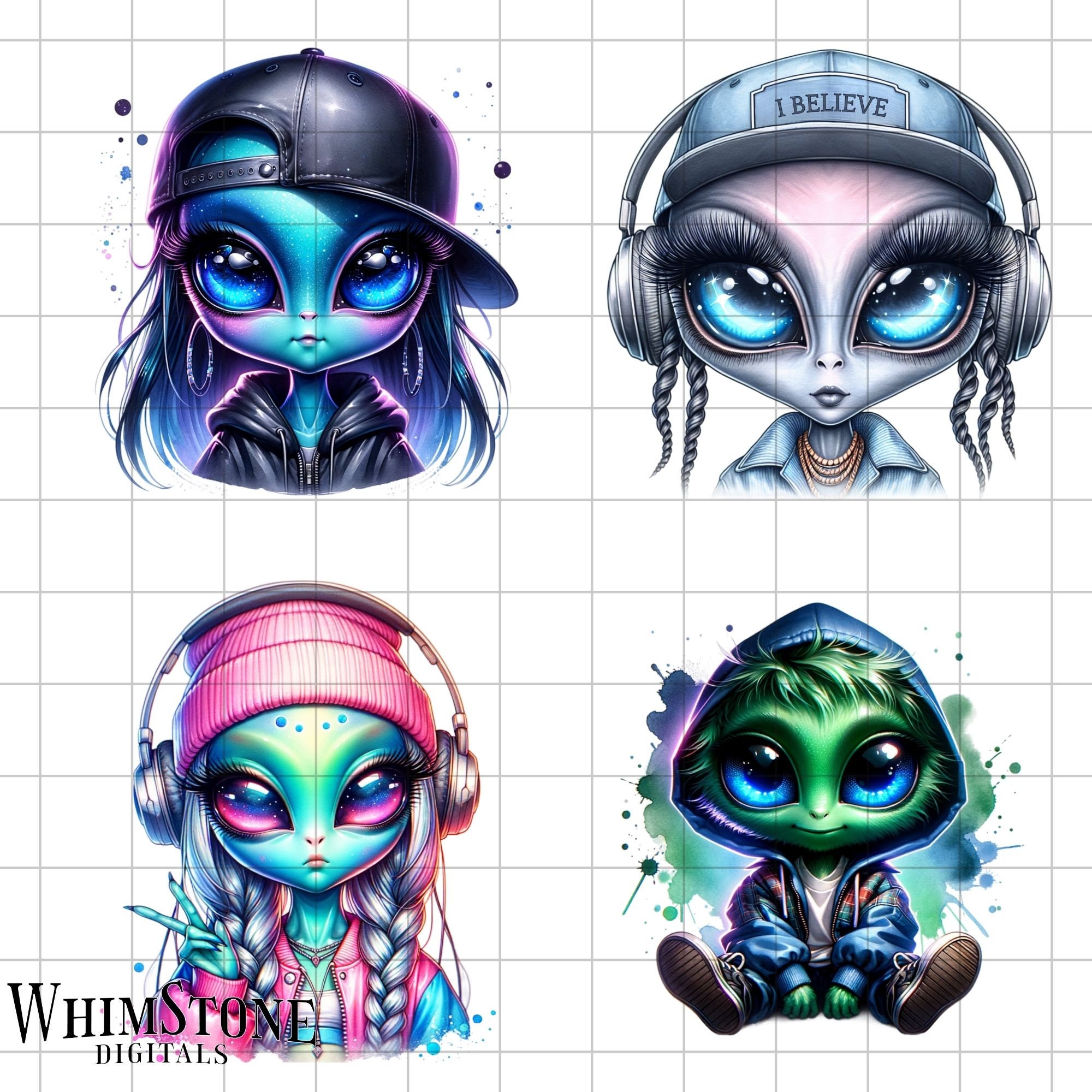 Watercolor Hip Hop Alien Clipart Bundle, Cool Alien PNG Bundle, Fun ...
