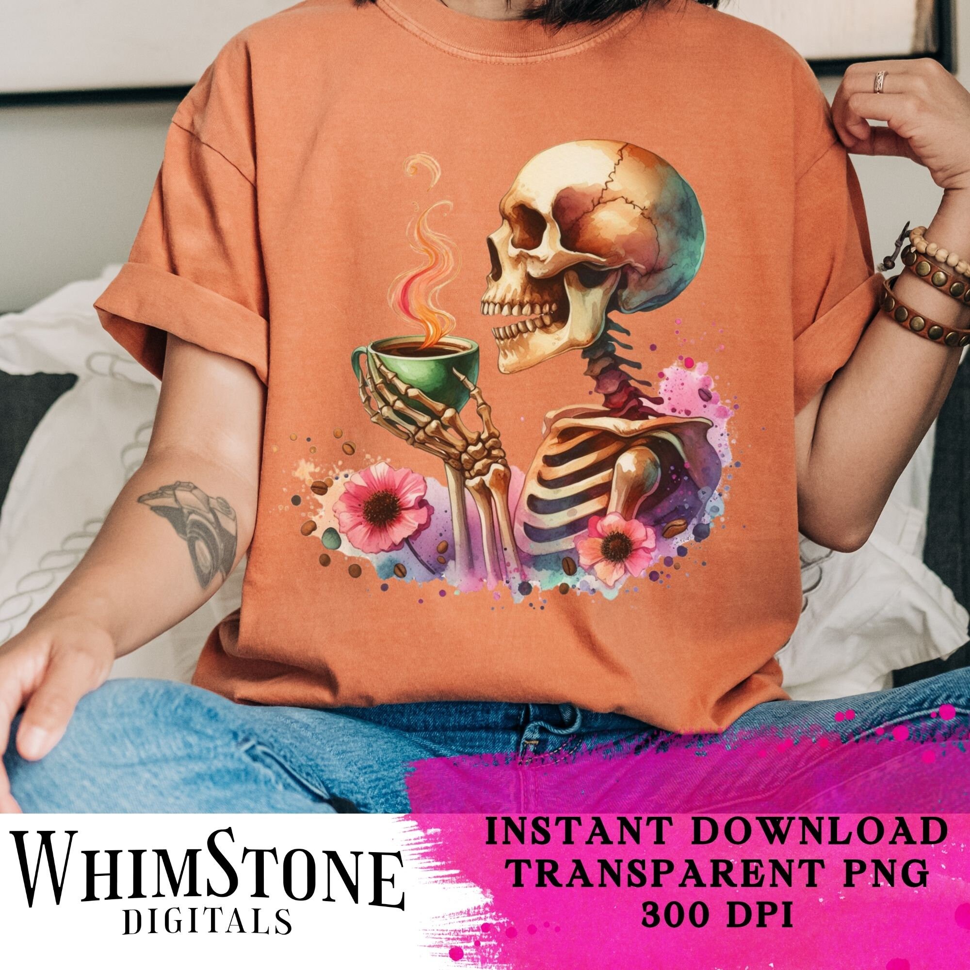 Skeleton Drinking Coffee PNG Skeleton DTF Coffee Watercolor PNG ...