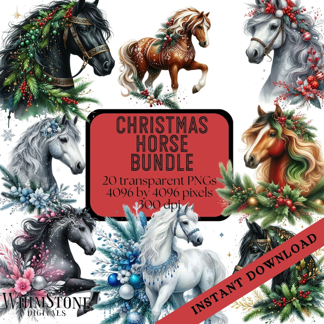 Watercolor Christmas Horse Clipart Bundle, Horse Head PNG Bundle ...