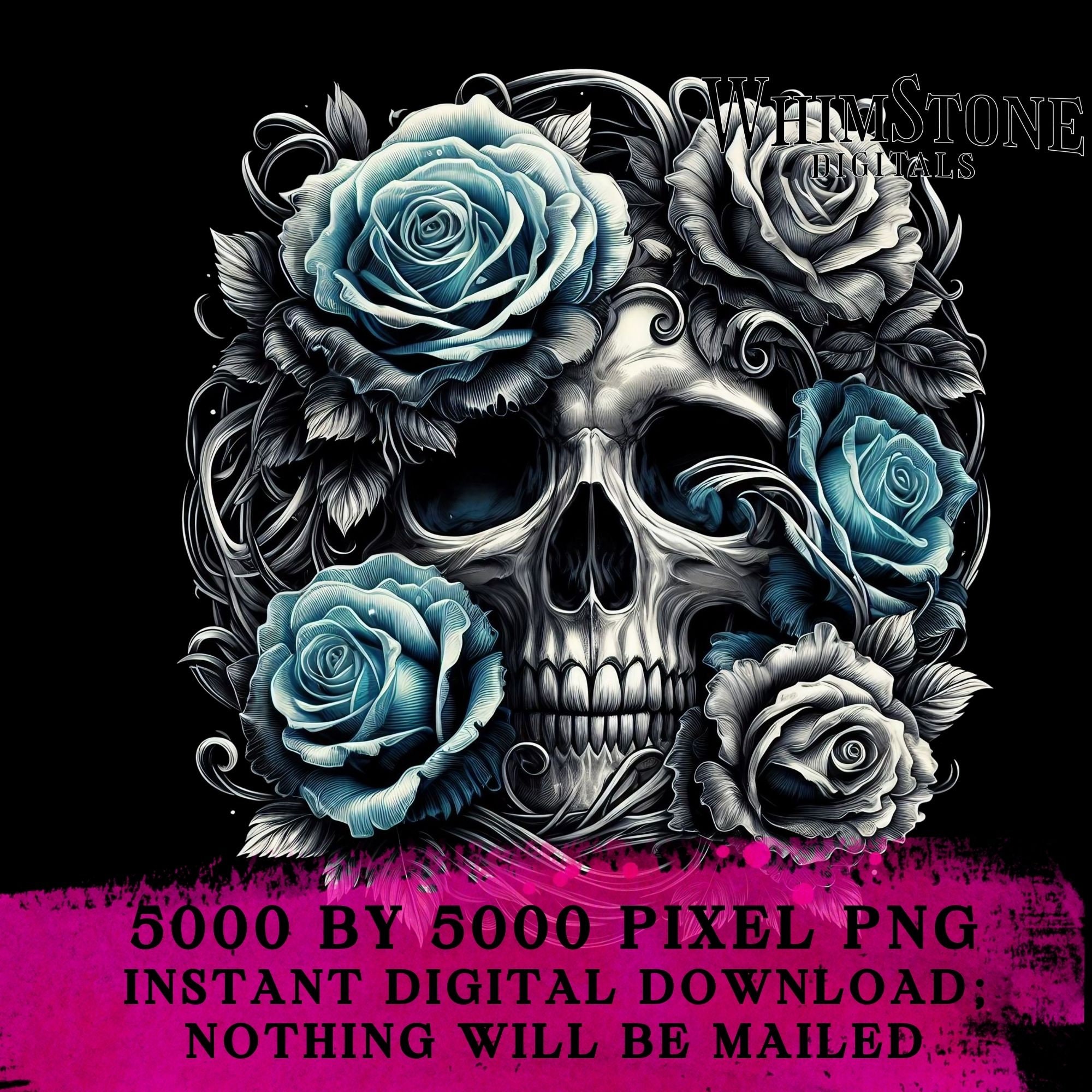 Skull and Roses PNG Blue Rose Skull Sublimation Skull Clipart T-shirt ...