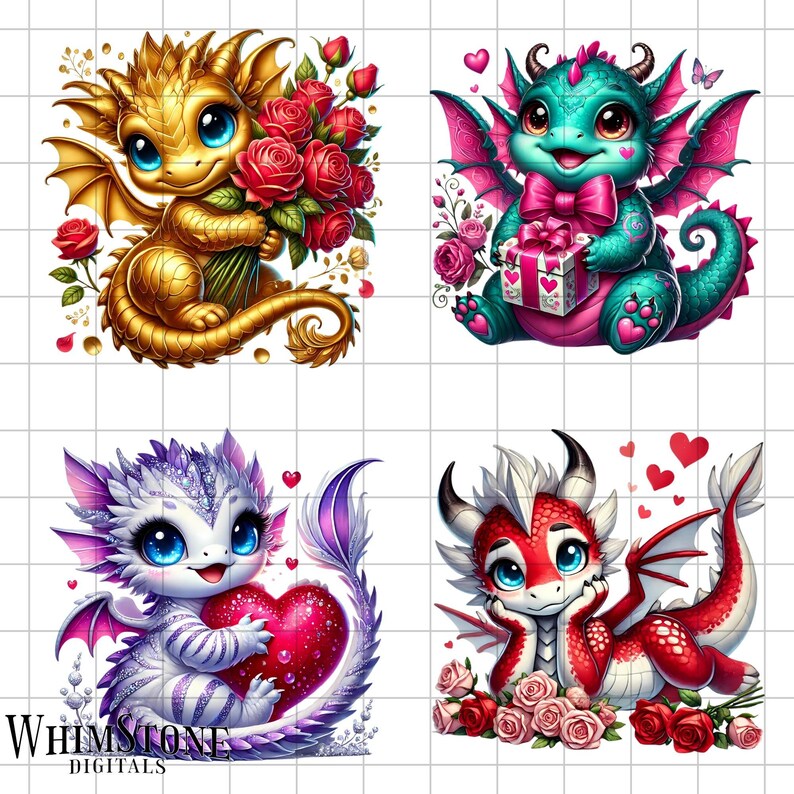 Valentine Dragon Clipart Bundle, Adorable Baby Dragons PNG Bundle ...