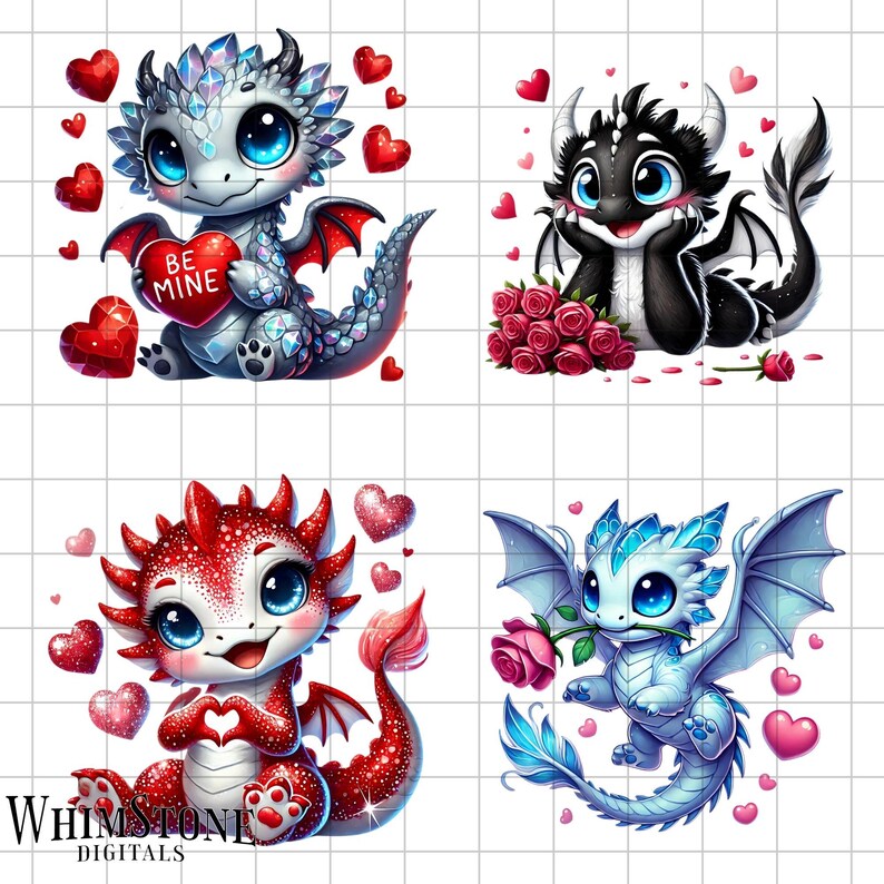 Valentine Dragon Clipart Bundle, Adorable Baby Dragons PNG Bundle ...