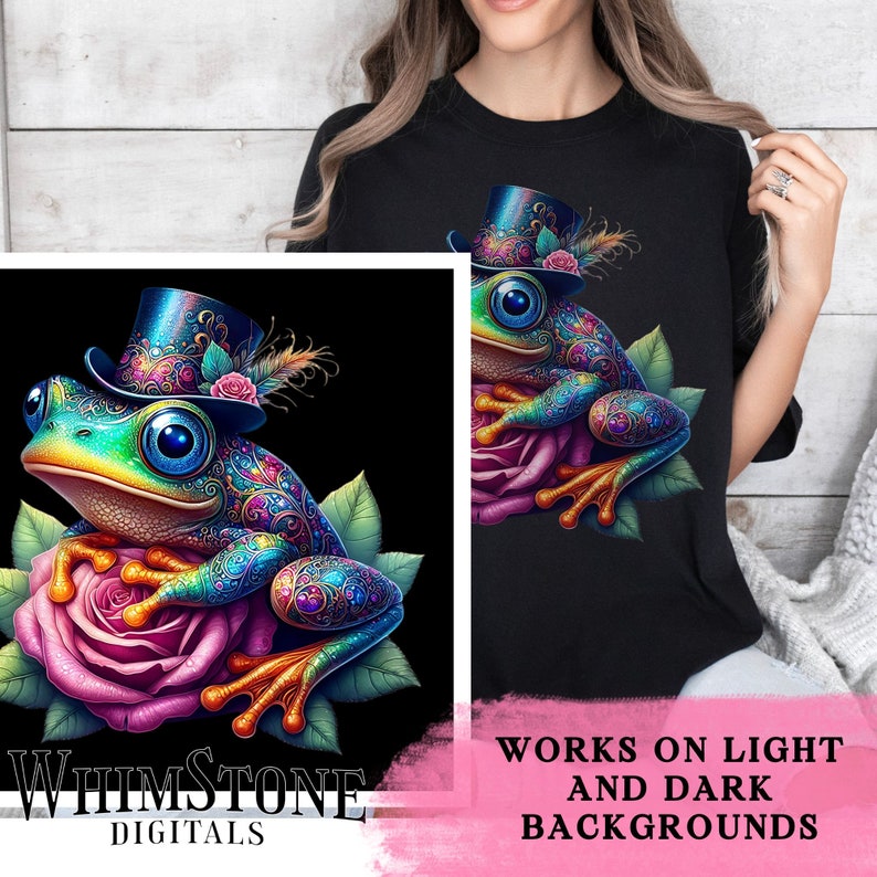Whimsical Frog on a Rose PNG, Artsy Frog DTF, Colorful Frog Clipart ...