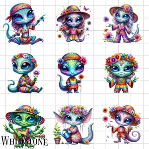 Hippie Aliens Clipart Bundle, Groovy Alien PNG Bundle, Cute Alien Pngs ...