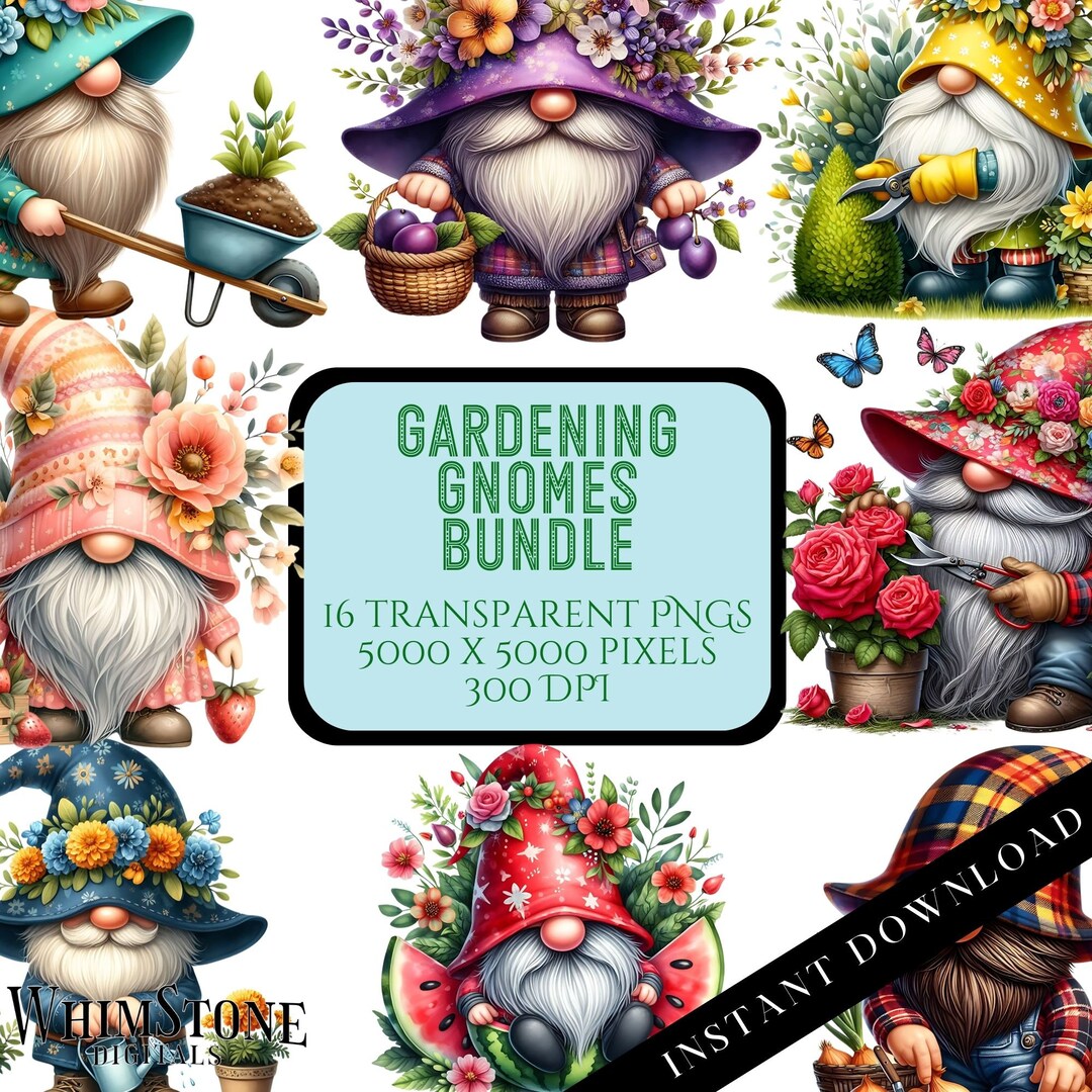 Gardening Gnomes Clipart Bundle, Spring Gnome PNG Bundle, Veggie and ...