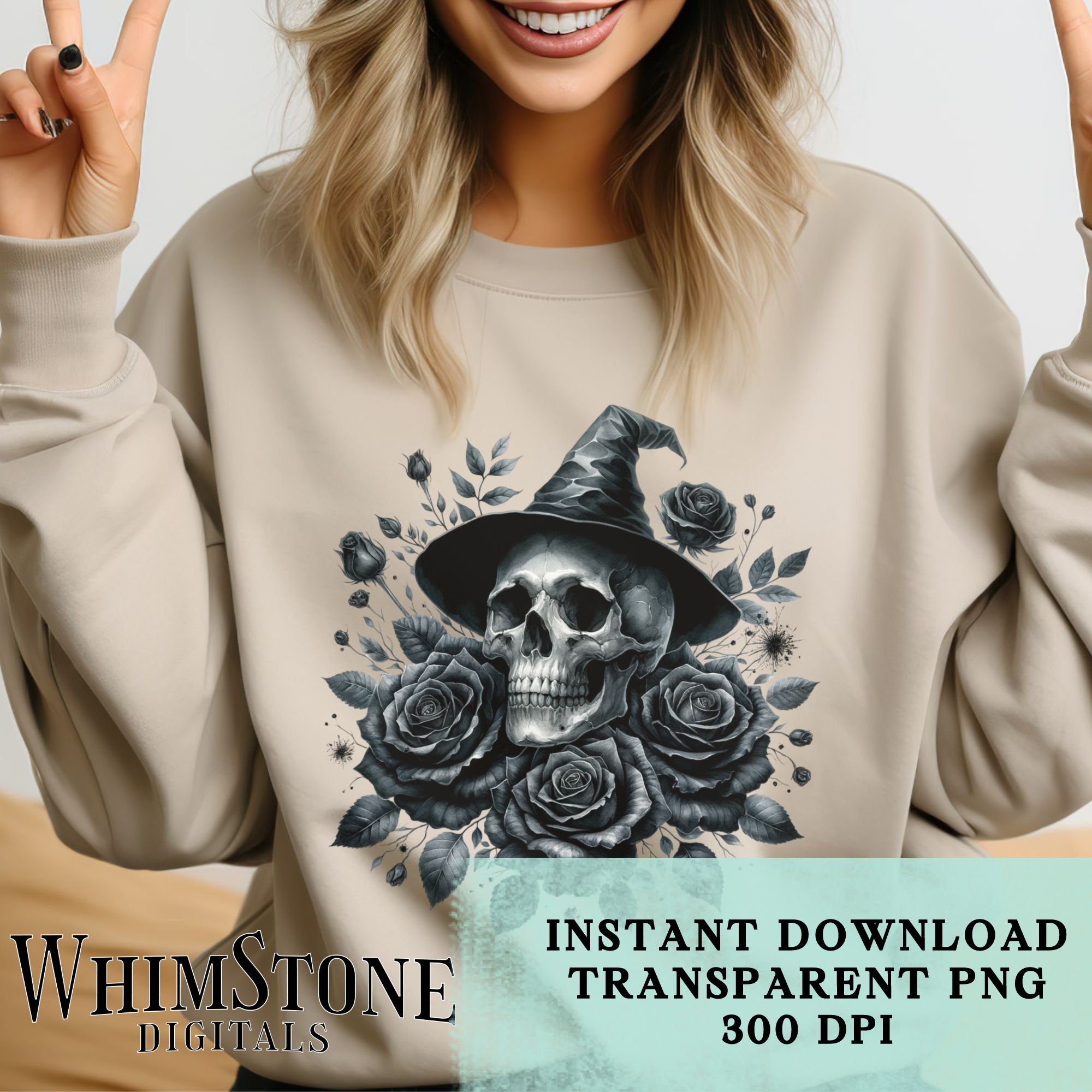 Watercolor Witchy Skull PNG, Witch Skull Dtf, Black Roses Clipart ...