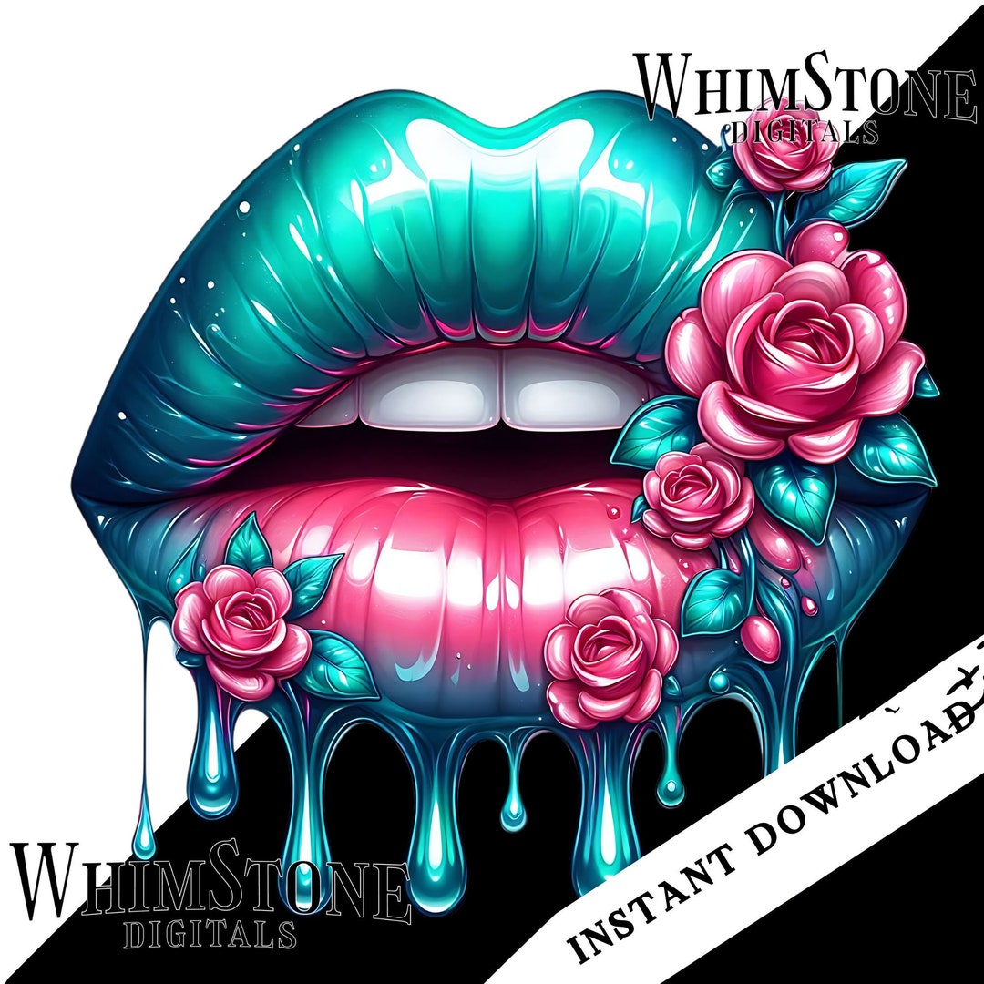 Pink and Teal Rose Lips PNG, Kiss Lips Dtf Design, Dripping Lip Clipart ...