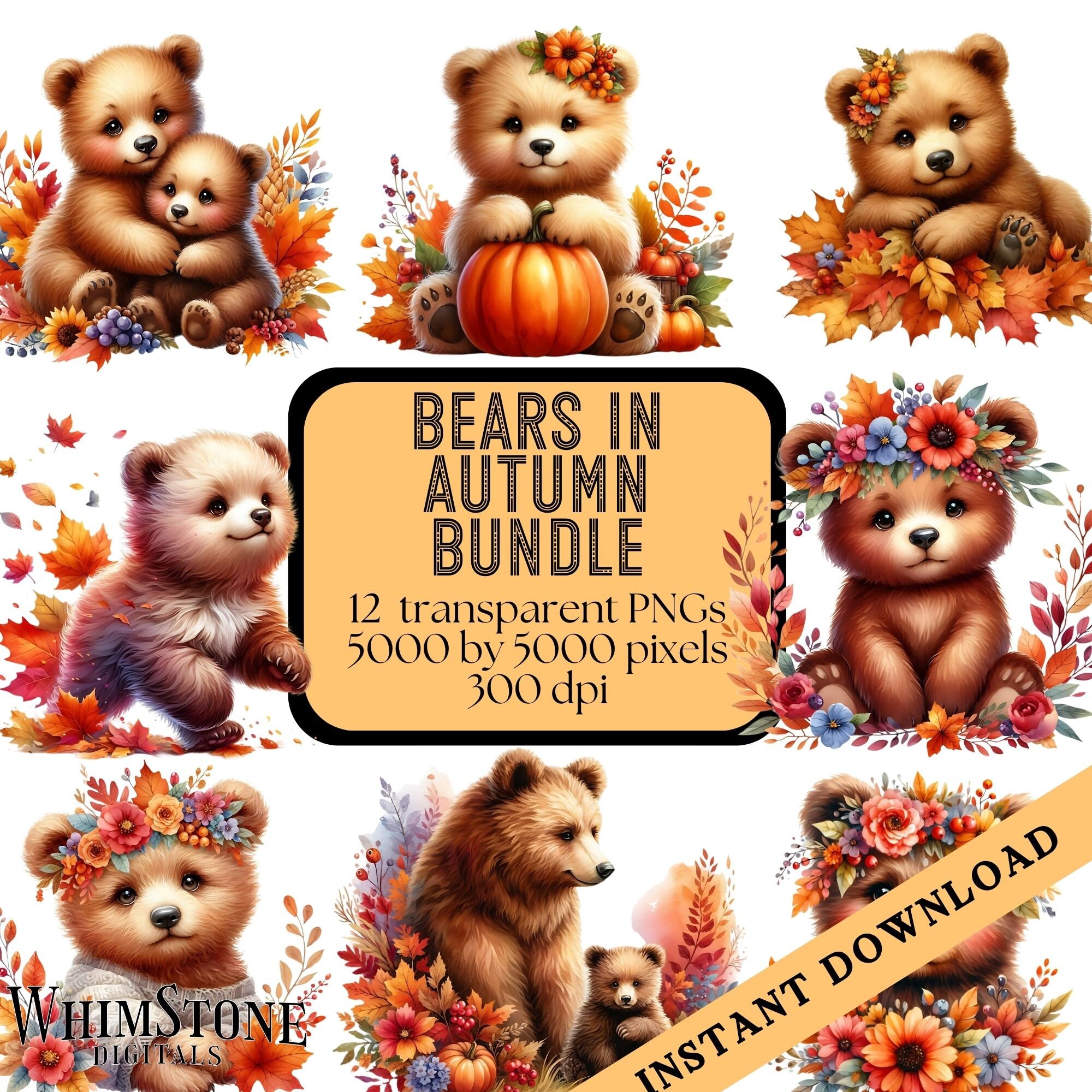 Bears in Autumn Clipart Bundle, Autumn Bear PNG Bundle, Fall Bears Pngs ...