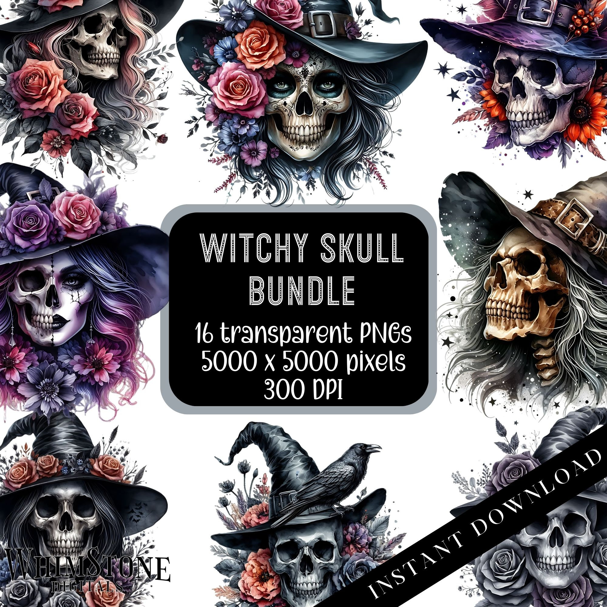 Watercolor Witchy Skull Clipart Bundle, Gothic Floral Skull Pngs ...