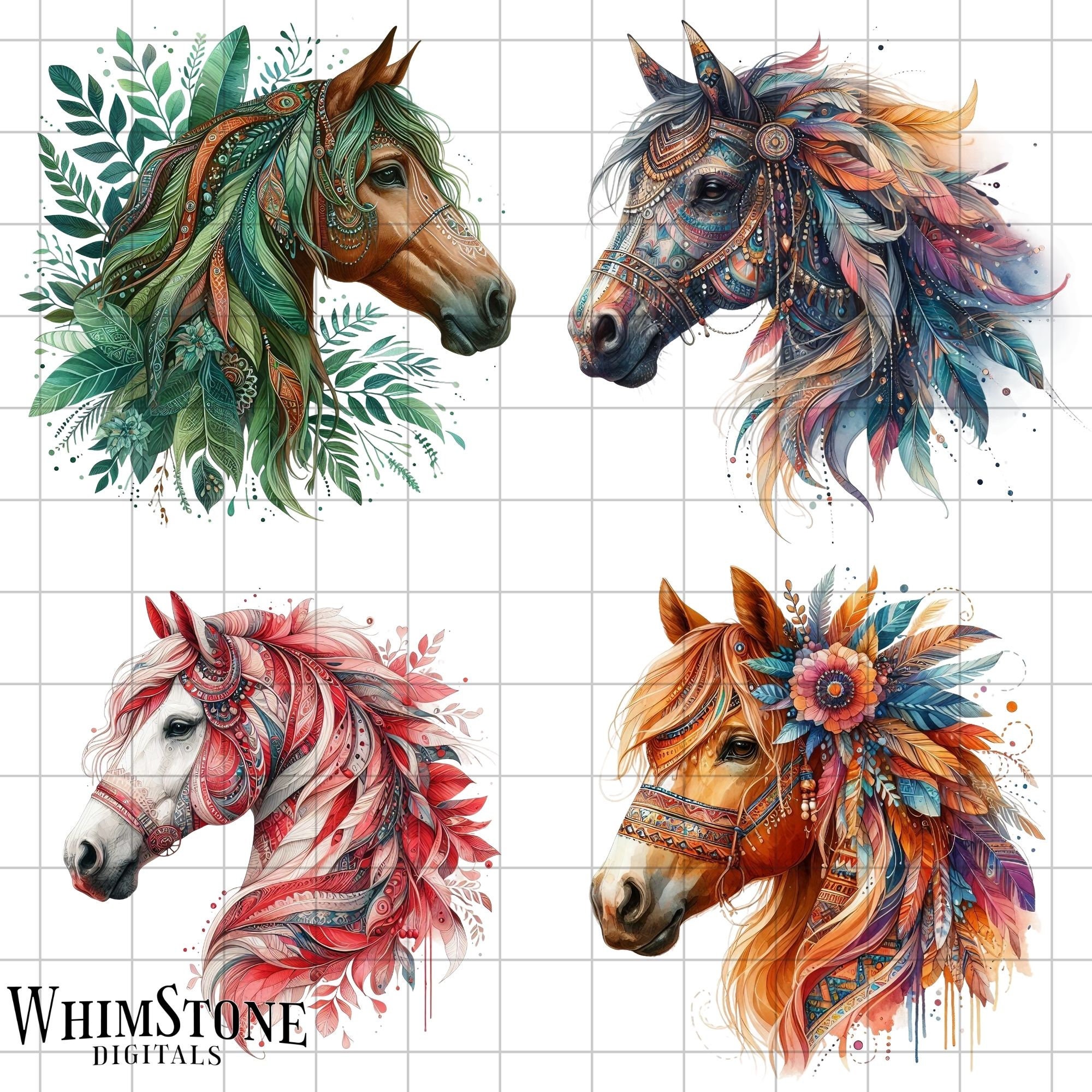 Watercolor Boho Horse Clipart Bundle, Horse Head PNG Bundle, Colorful ...