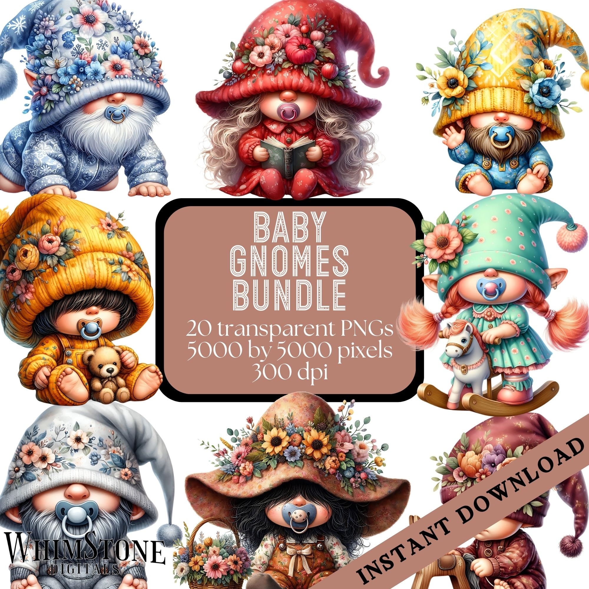 Baby Gnomes Clipart Bundle, Gnome Babies PNG Bundle, Floral Gnomes Pngs ...