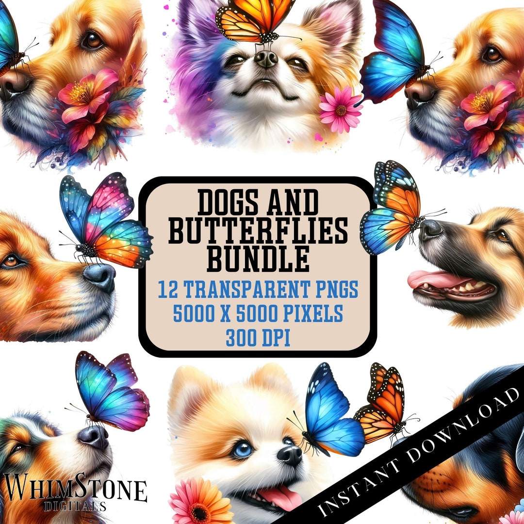 Watercolor Dogs and Butterflies Clipart Bundle, Butterfly on Dog Nose ...