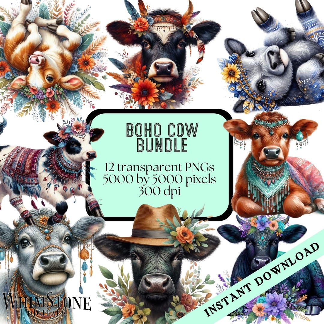 Boho Cow Clipart Bundle, Floral Cows PNG Bundle, Bohemian Animal Pngs ...