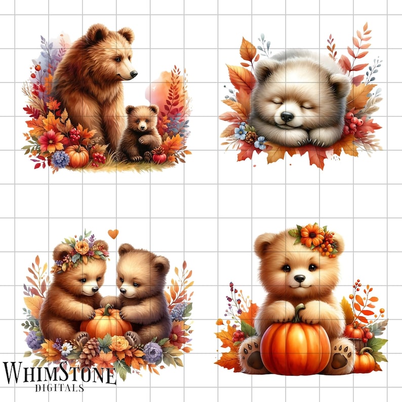 Bears in Autumn Clipart Bundle, Autumn Bear PNG Bundle, Fall Bears Pngs ...