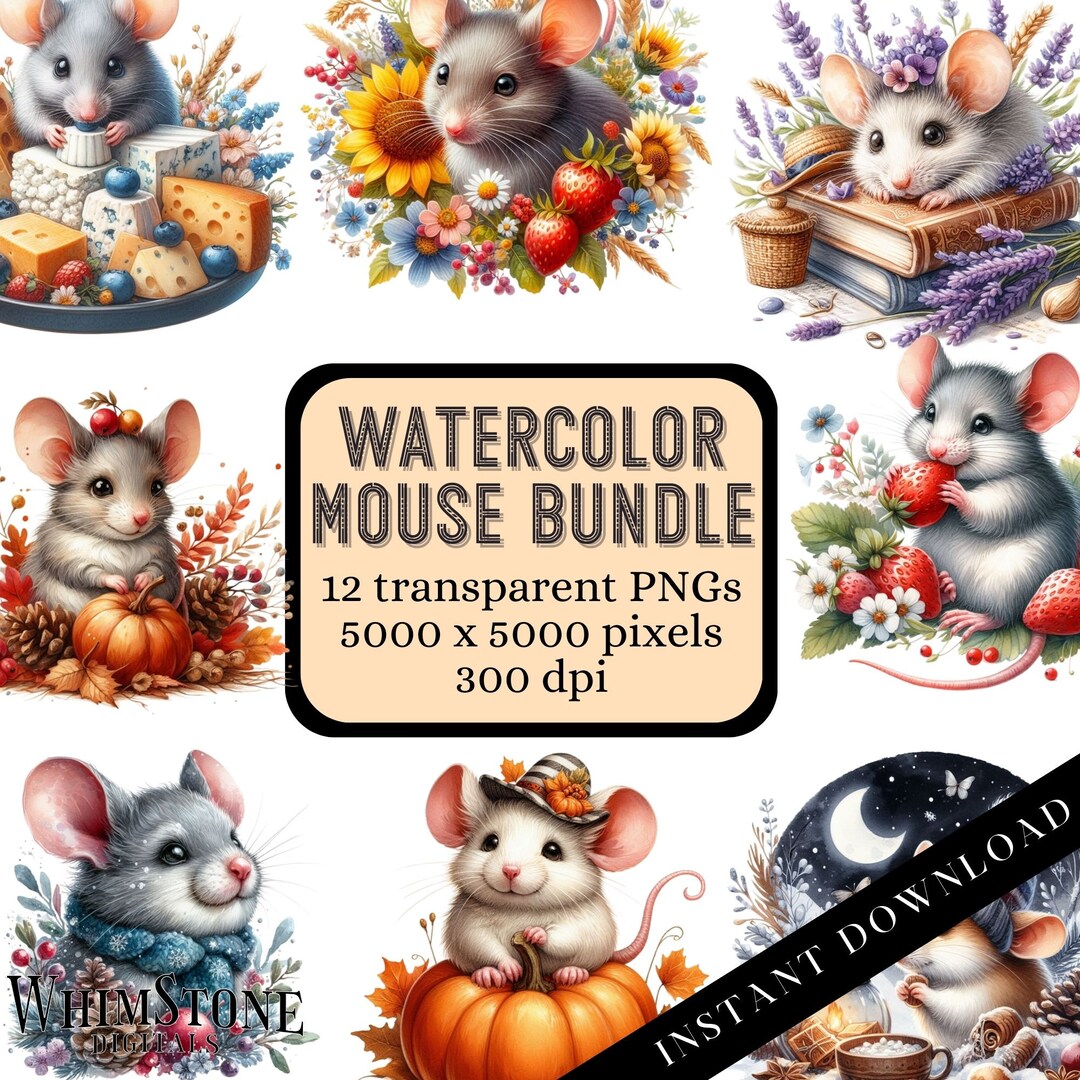 Watercolor Mouse Clipart Bundle, Cute Mouse Pngs, Seasonal Mice Clipart ...