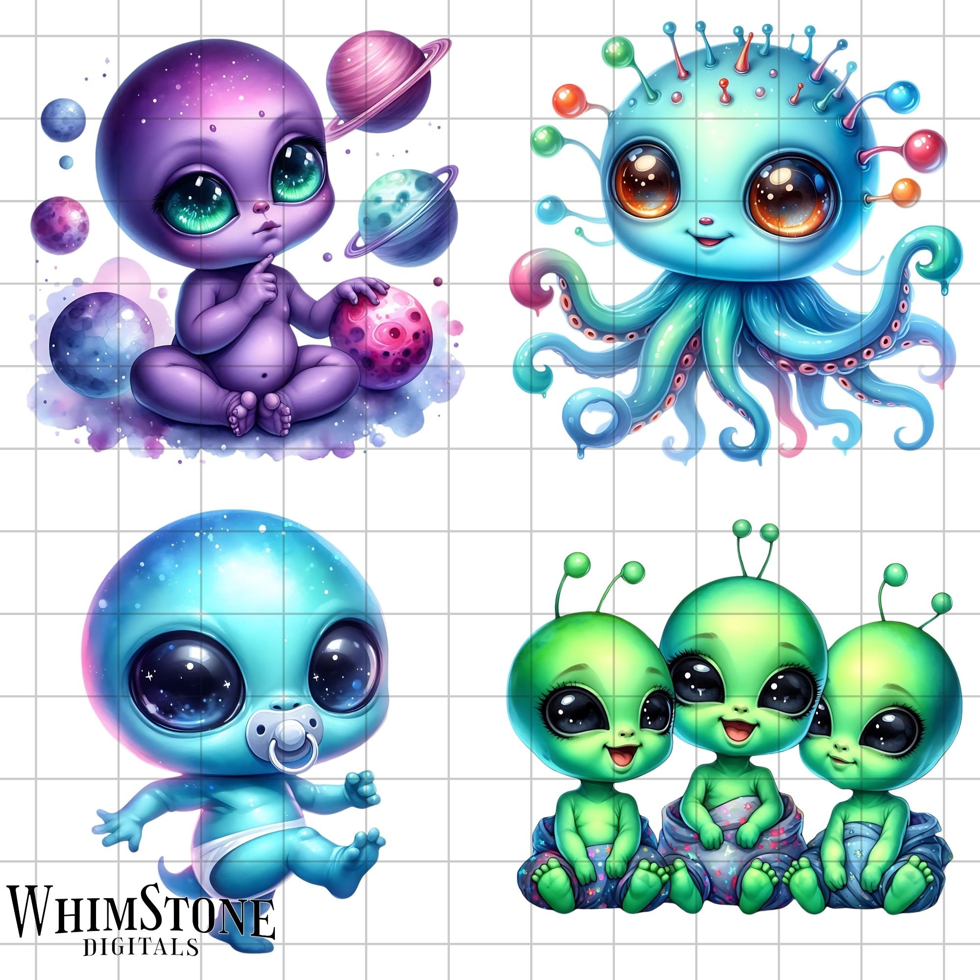 Cute Baby Alien Clipart Bundle, Alien Babies PNG Bundle, Fun Nursery ...