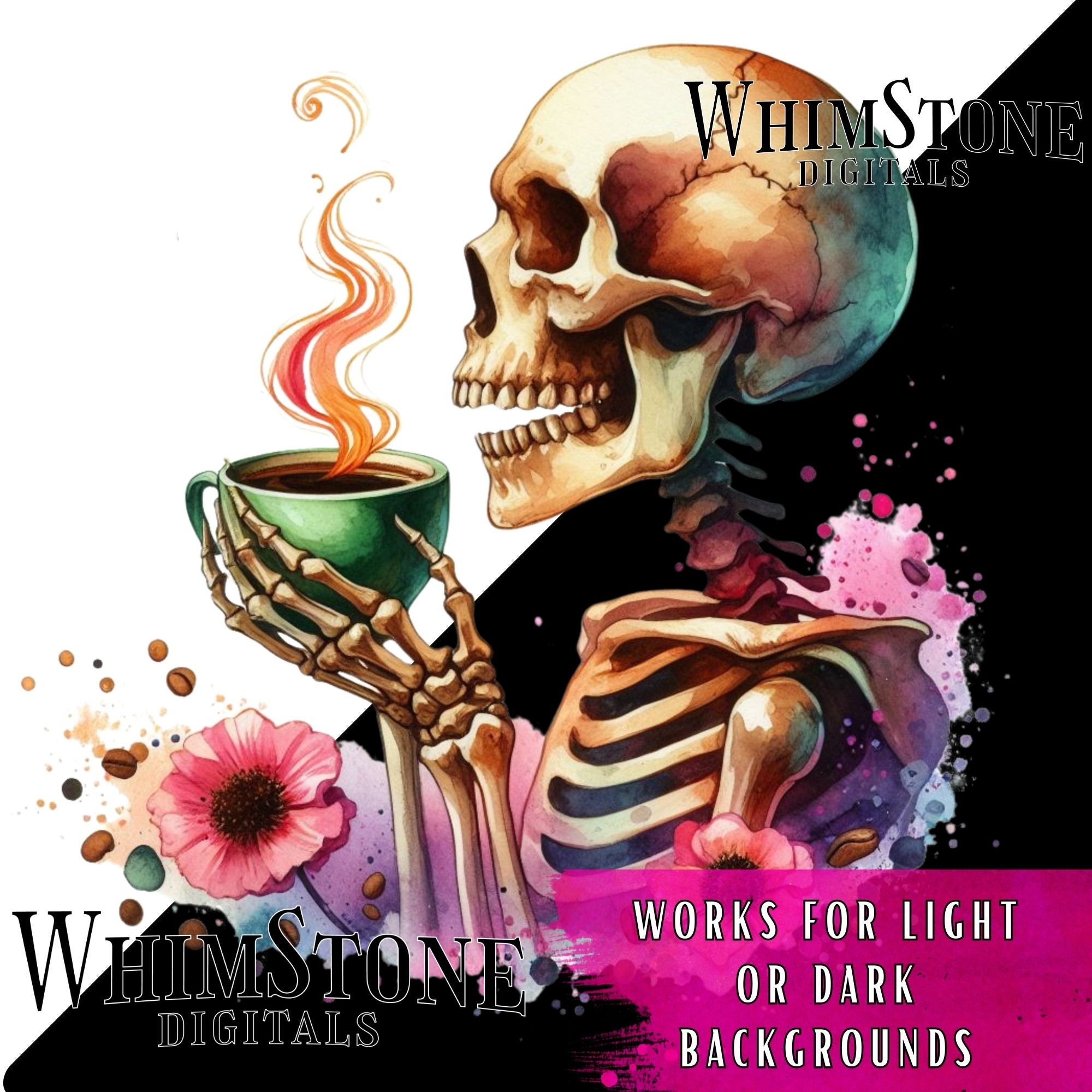 Skeleton Drinking Coffee PNG Skeleton DTF Coffee Watercolor PNG ...