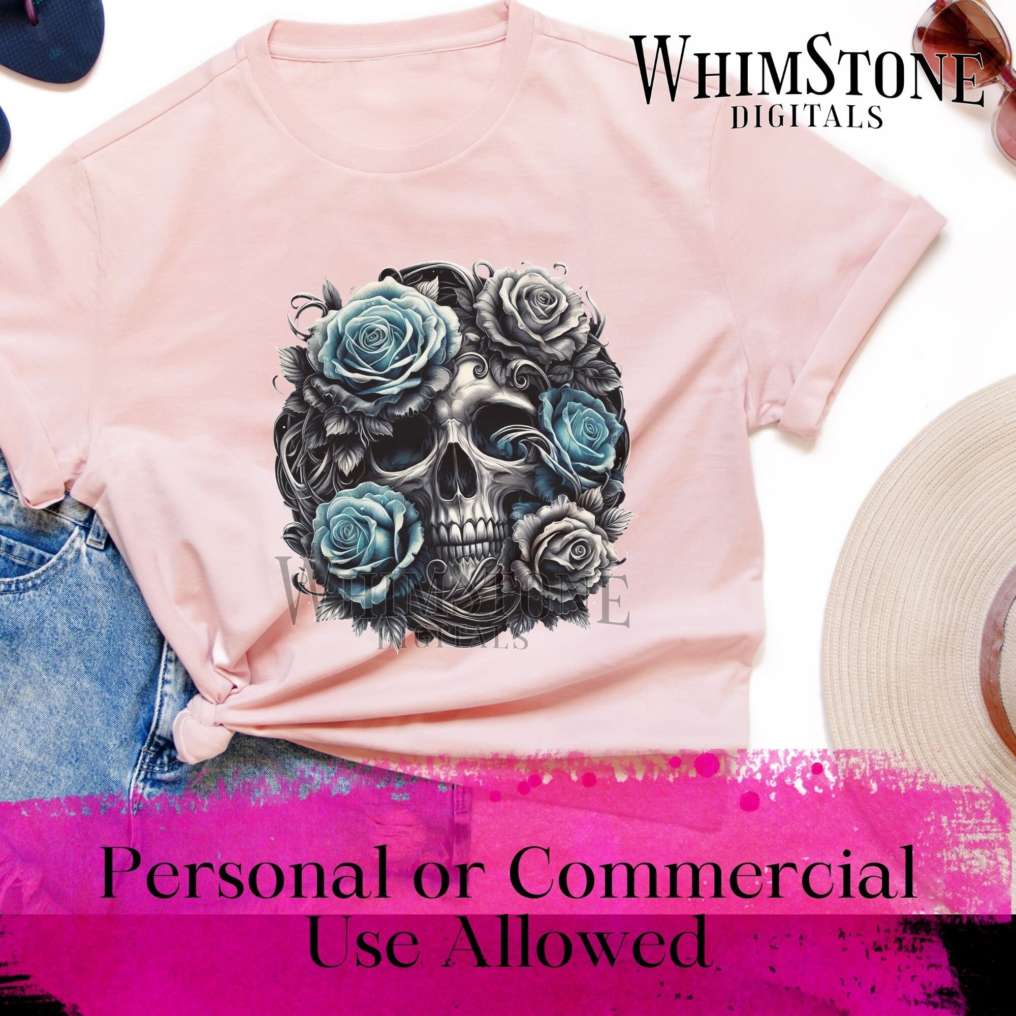 Skull and Roses PNG Blue Rose Skull Sublimation Skull Clipart T-shirt ...