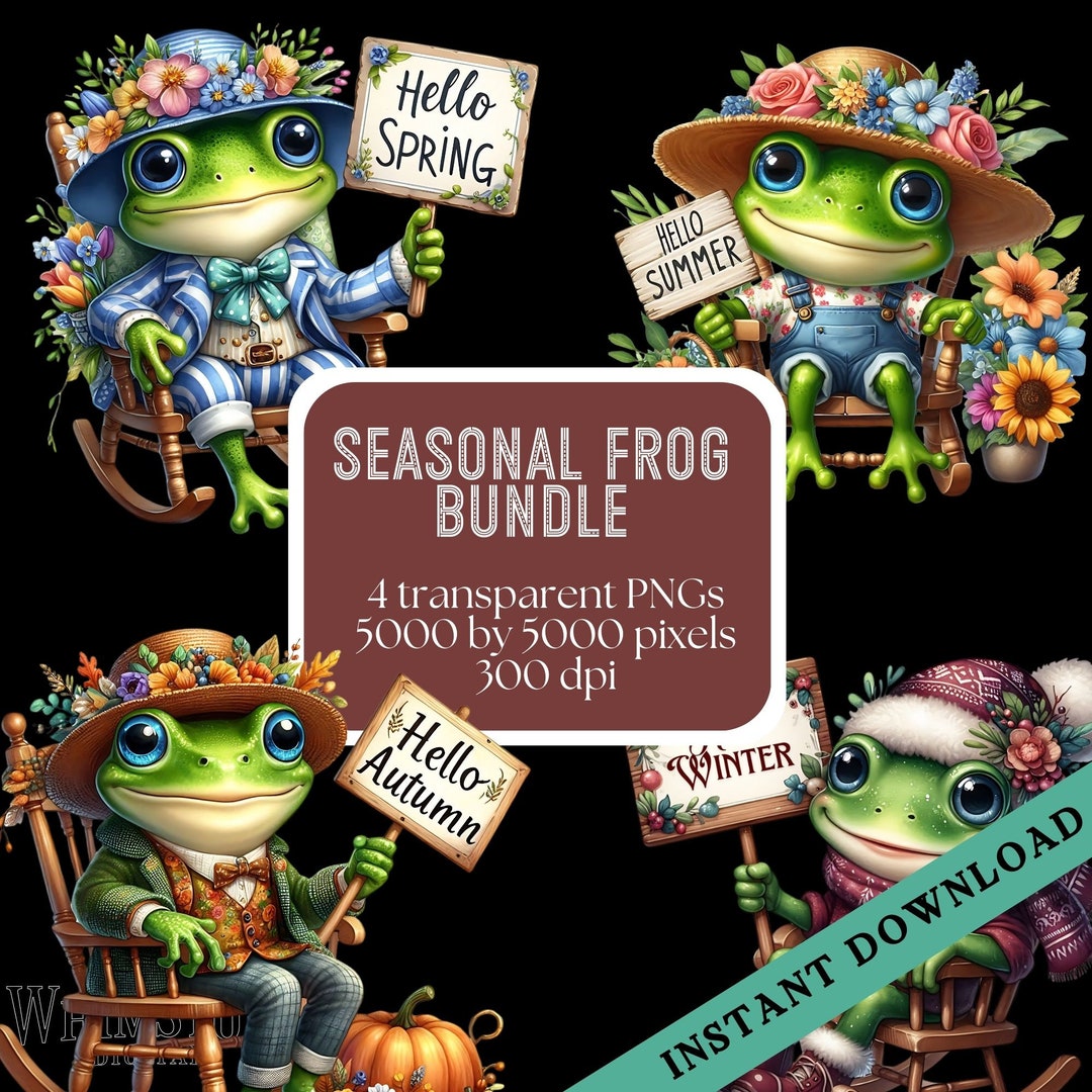 Watercolor Seasonal Frog Clipart Bundle, Hello Seasons Frogs PNG Bundle ...