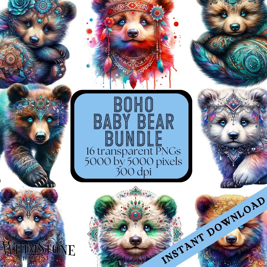 Watercolor Boho Baby Bear Clipart Bundle, Colorful Elephant PNG Bundle ...