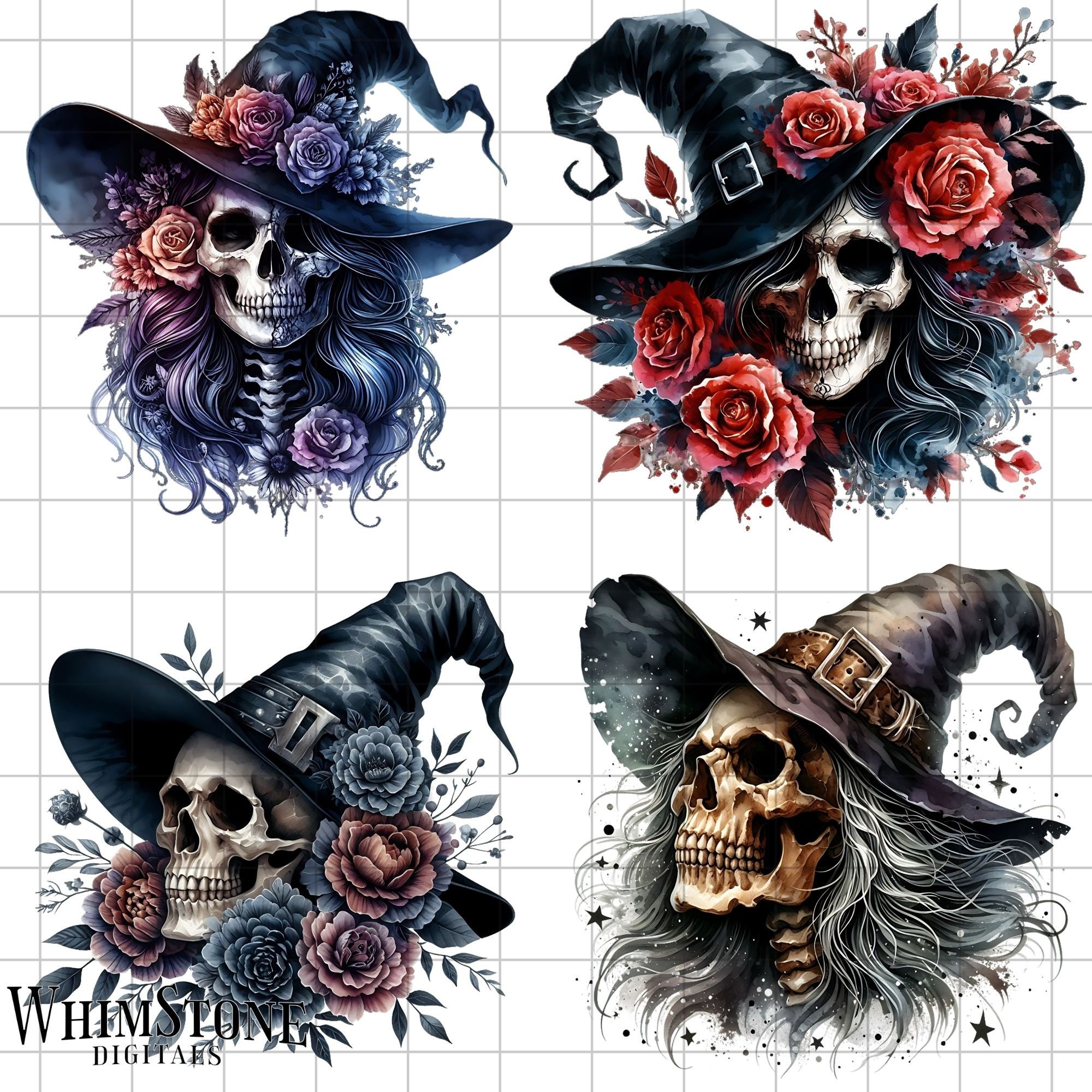 Watercolor Witchy Skull Clipart Bundle, Gothic Floral Skull Pngs ...
