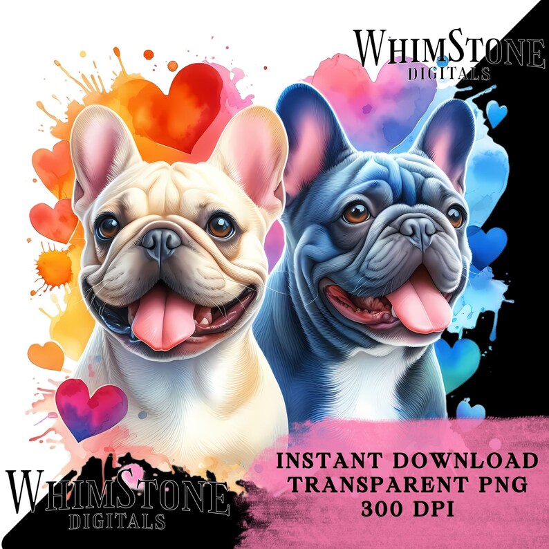 Watercolor French Bulldogs PNG, DTF Design Artistic Frenchies Clipart ...