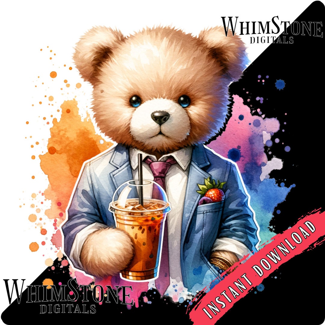 Watercolor Teddy Bear Drinking Coffee PNG, Teddy Bear Dtf, Watercolor ...