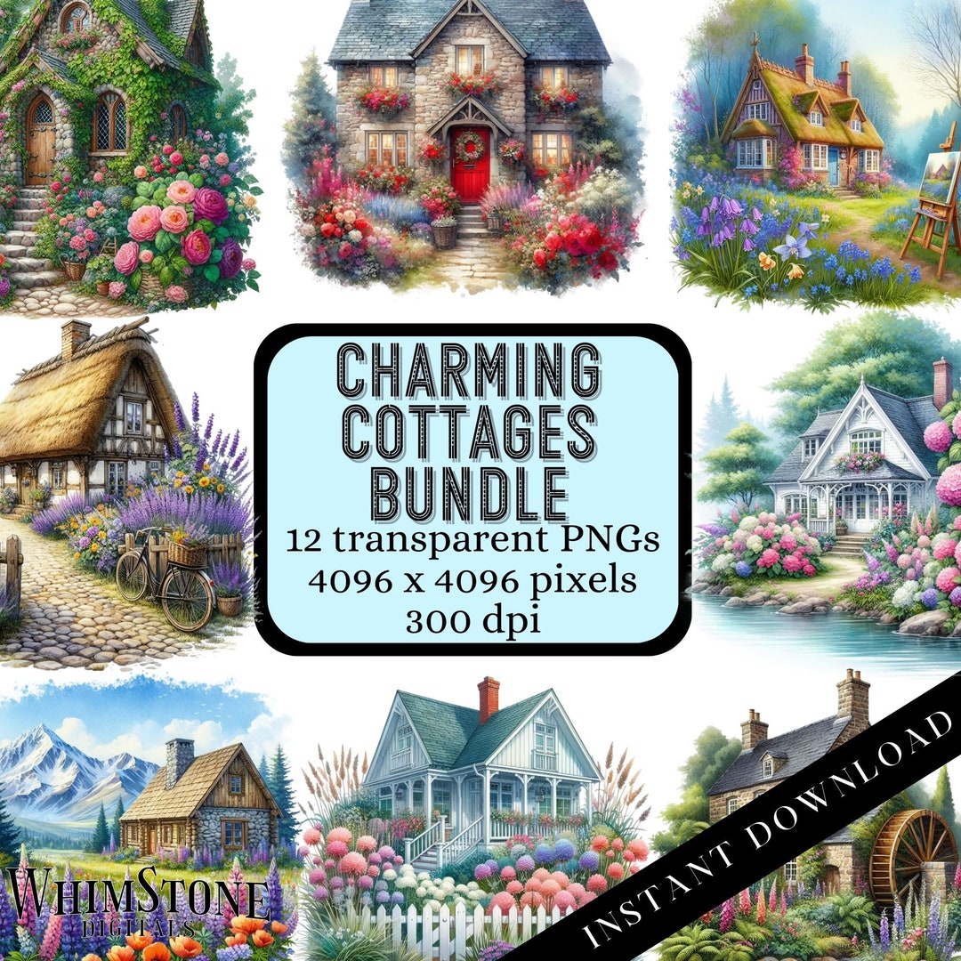 Watercolor Charming Cottages Clipart Bundle, Floral Cottage Pngs ...