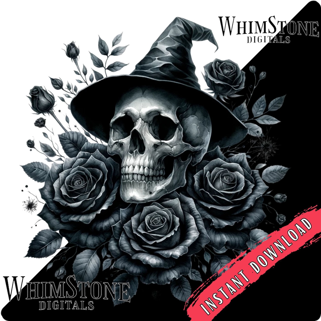 Watercolor Witchy Skull PNG, Witch Skull Dtf, Black Roses Clipart ...