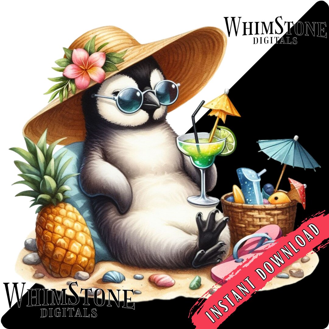 Watercolor Penguin on the Beach PNG, Beachy Dtf, Watercolor Sublimation ...