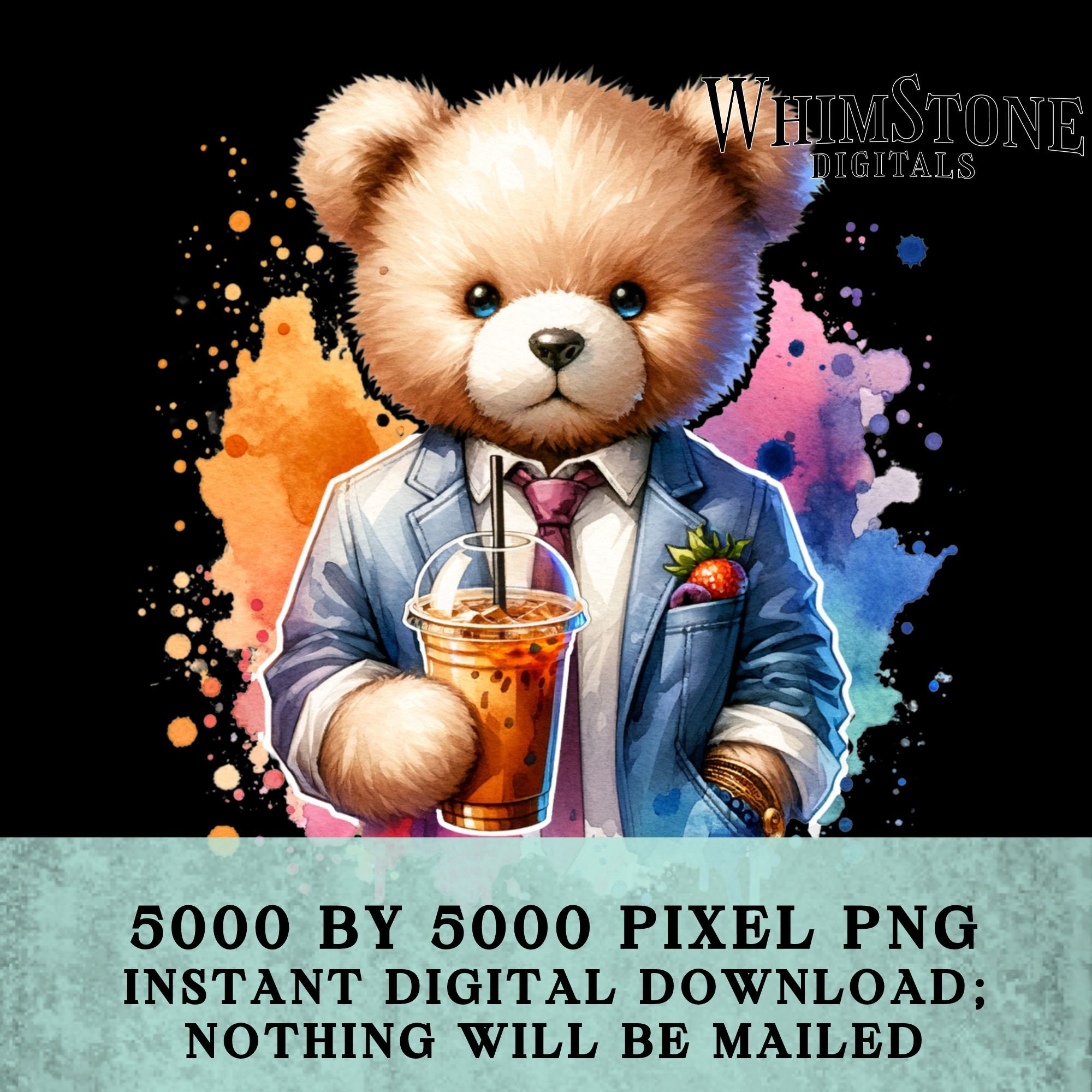 Watercolor Teddy Bear Drinking Coffee PNG, Teddy Bear Dtf, Watercolor ...