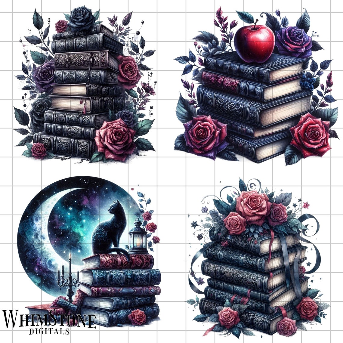 Watercolor Gothic Book Stack Clipart Bundle, Books Pngs, Dark Romance ...