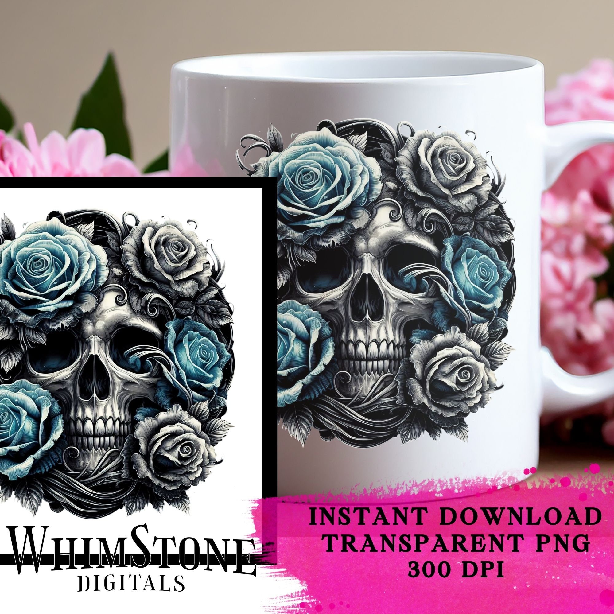Skull and Roses PNG Blue Rose Skull Sublimation Skull Clipart T-shirt ...