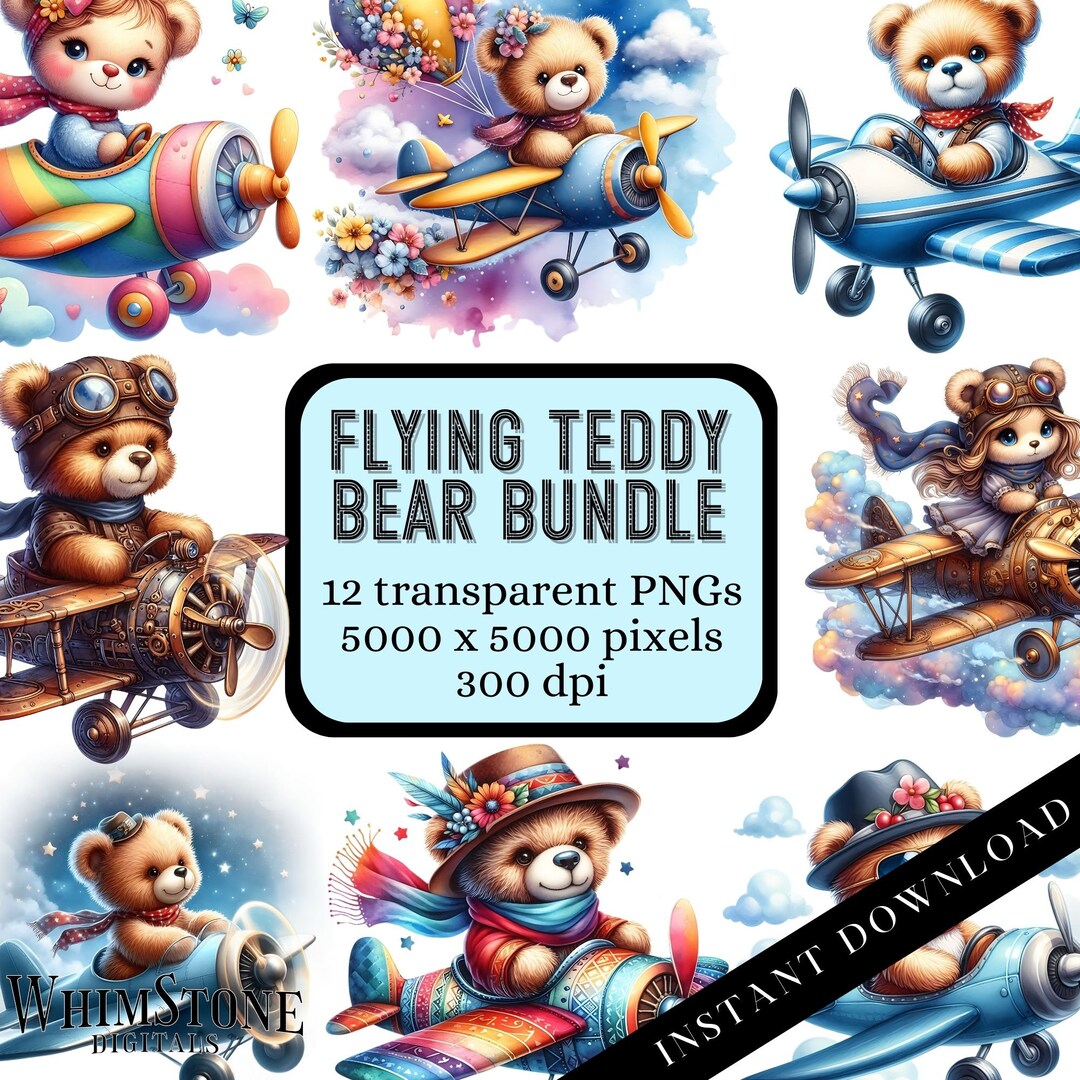 Watercolor Flying Teddy Bear Clipart Bundle, Teddy Bears in Planes ...