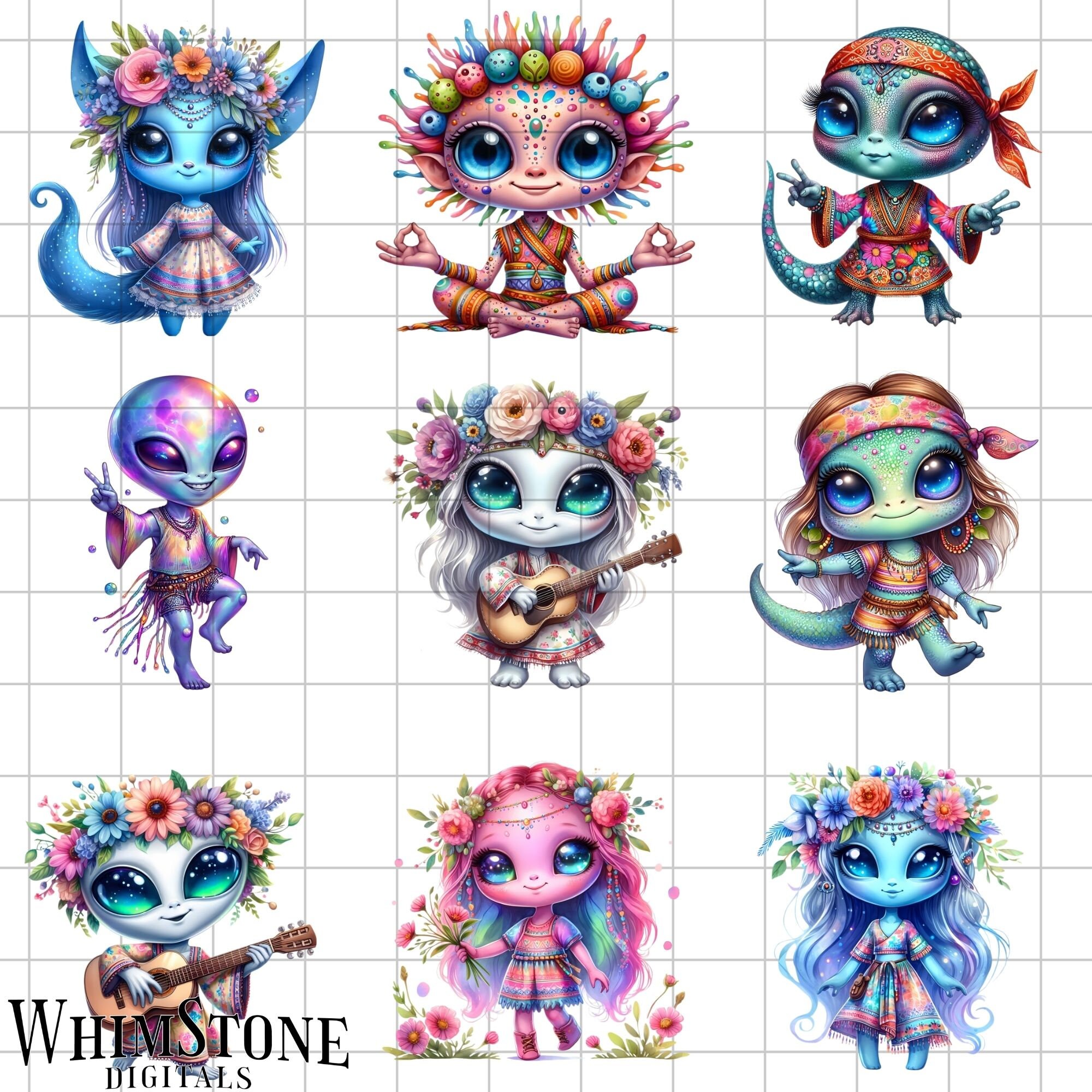 Hippie Aliens Clipart Bundle, Groovy Alien PNG Bundle, Cute Alien Pngs ...