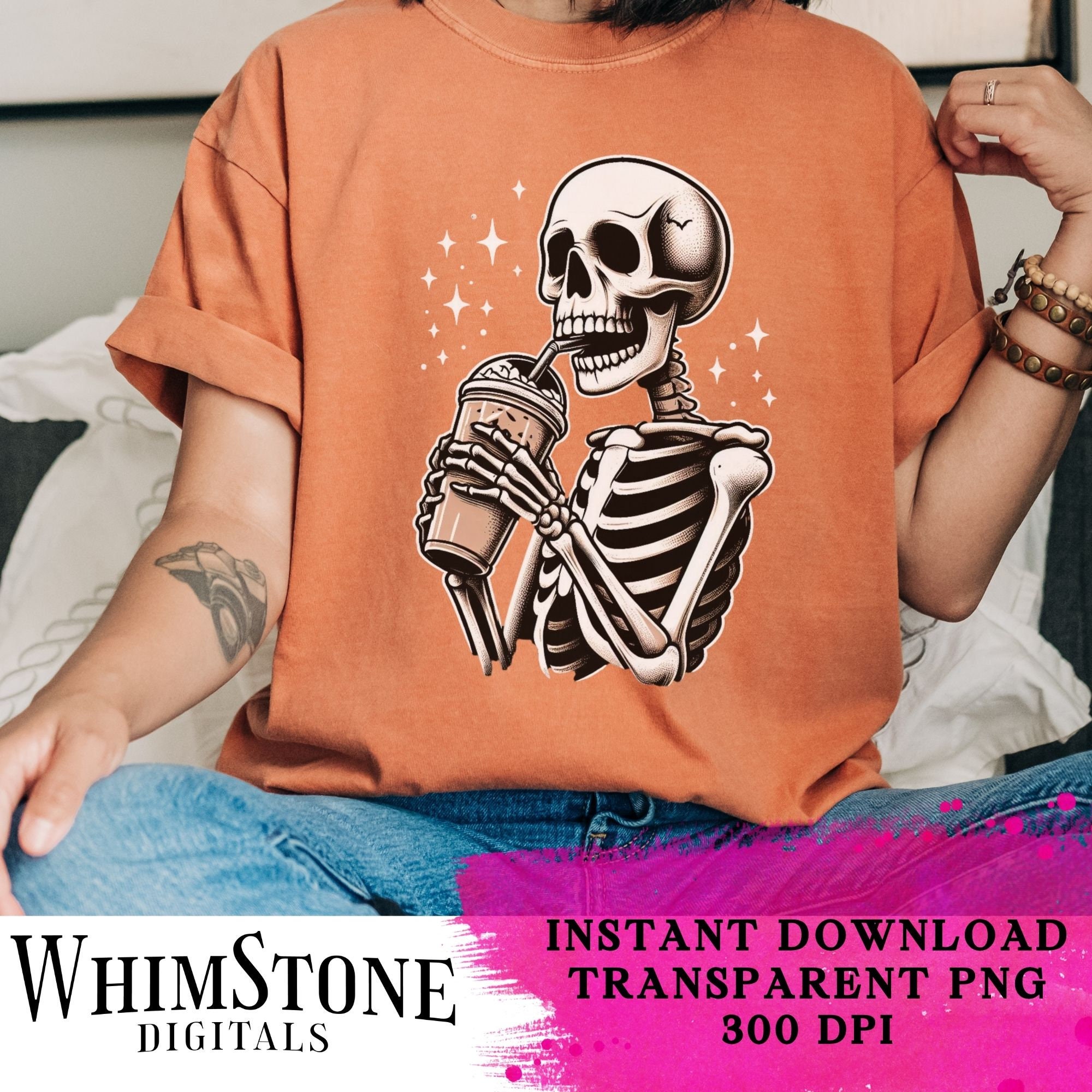 Skeleton Drinking Iced Coffee PNG Skeleton DTF Iced Latte PNG Skeleton ...