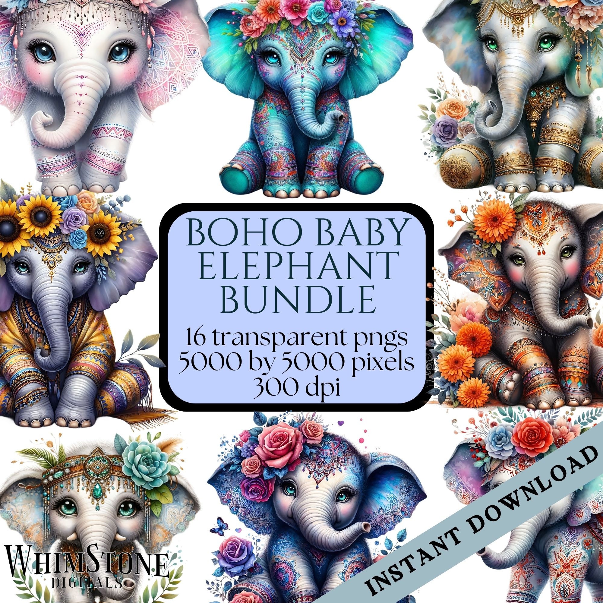 Watercolor Boho Baby Elephant Clipart Bundle, Floral Elephant PNG ...