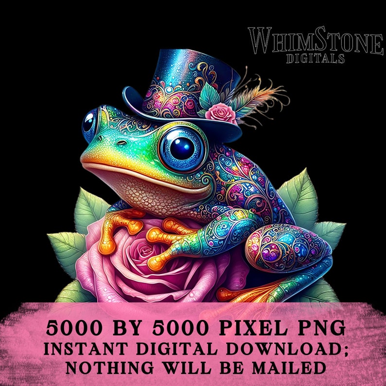 Whimsical Frog on a Rose PNG, Artsy Frog DTF, Colorful Frog Clipart ...