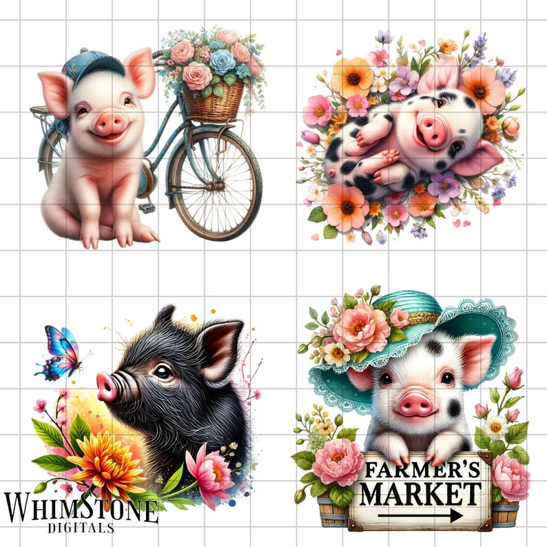 Watercolor Springtime Baby Pigs Clipart Bundle Cute Floral Pigs PNG ...