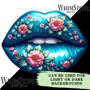 Sky Blue Floral Lips PNG, Kiss Lips Dtf Design, Cottagecore Floral Lip ...